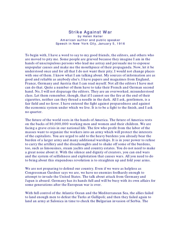 Strike Against War: by Helen Keller American Author and Public Speaker ...