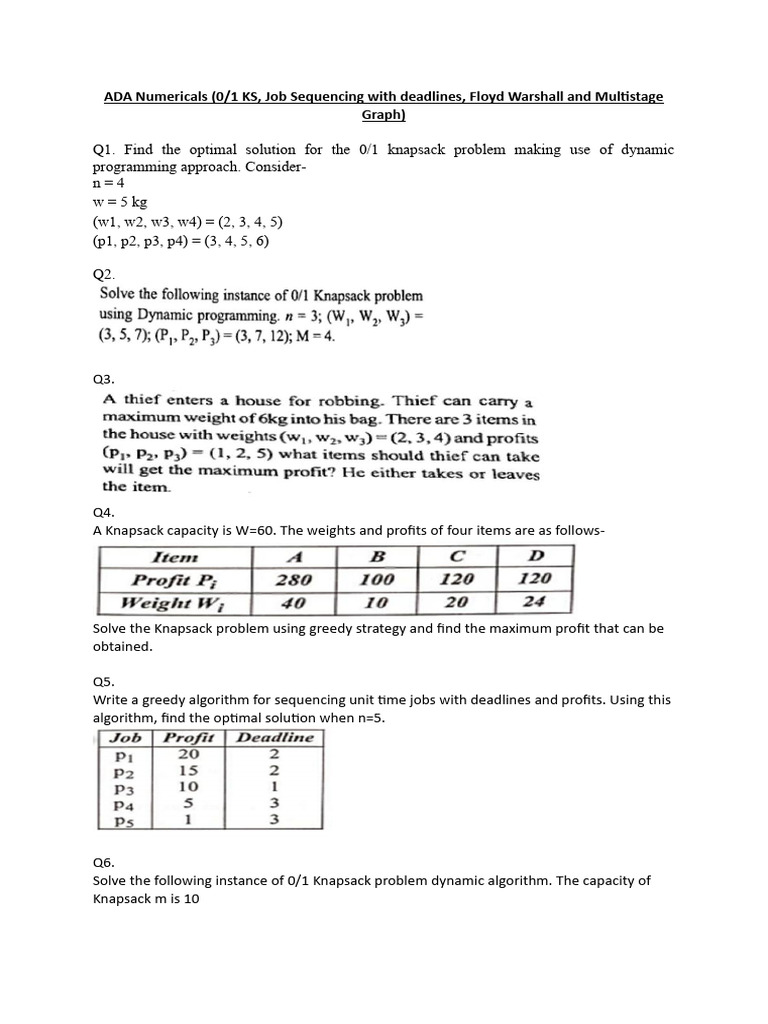 ADA Numerical Problems: Knapsack & Graphs | PDF