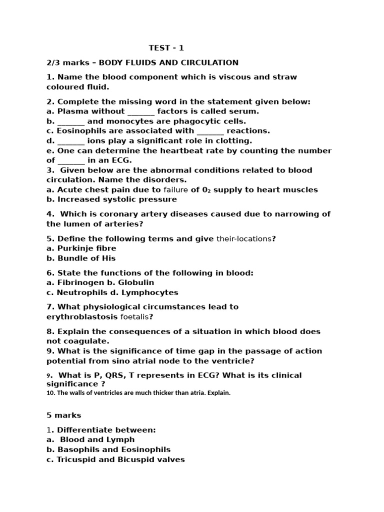 Body Fluids and Circulation Exam Guide | PDF | Heart | Circulatory System