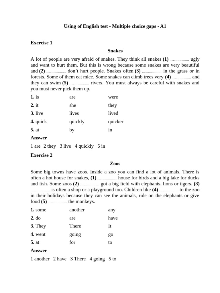 De Using of English Test - Multiple Choice Gaps - A1 - Cambridge - 01 | PDF