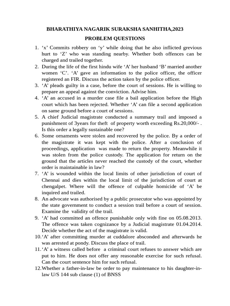 Bharathiya Nagarik Suraksha Sanhitha, 2023 Problem Questions 1 | PDF ...