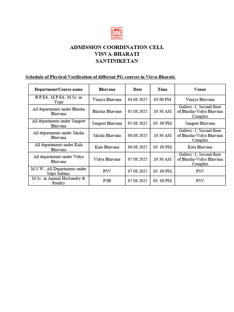 Visva-Bharati PG Course Verification Schedule | PDF