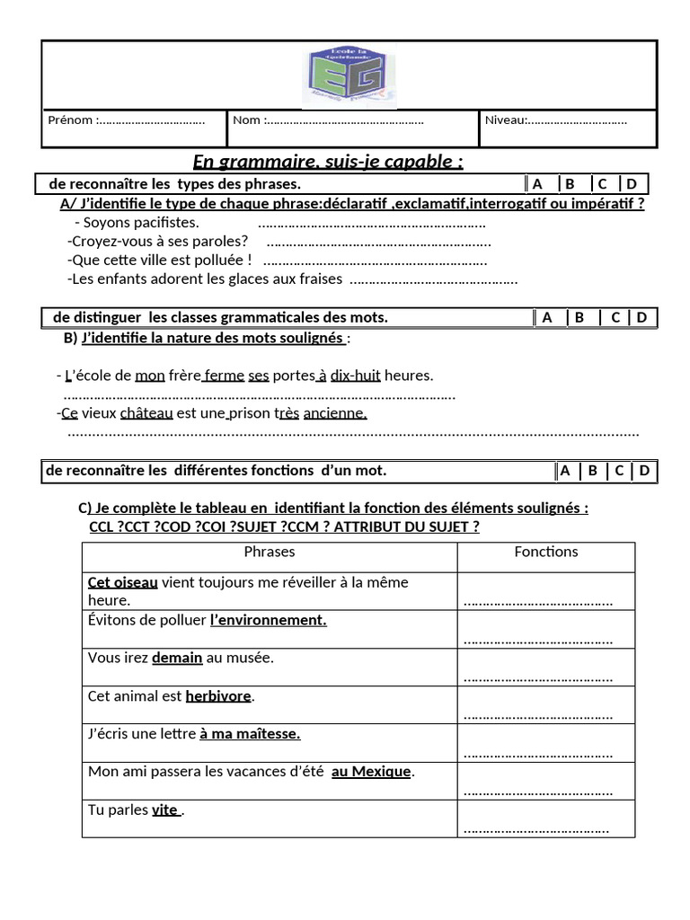 Évaluation des compétences en grammaire | PDF | Phrase | Linguistique