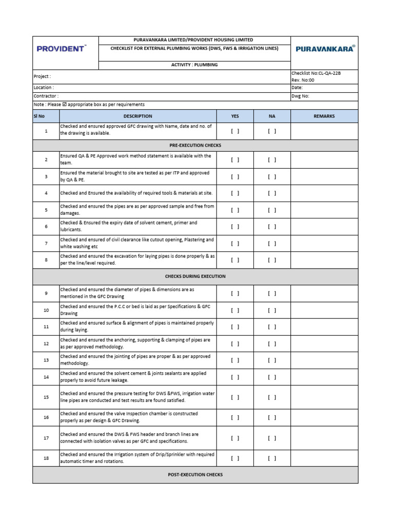 CL - Qa.22b Checklist For External Plumbing Works (DWS, FWS, Irrigation ...