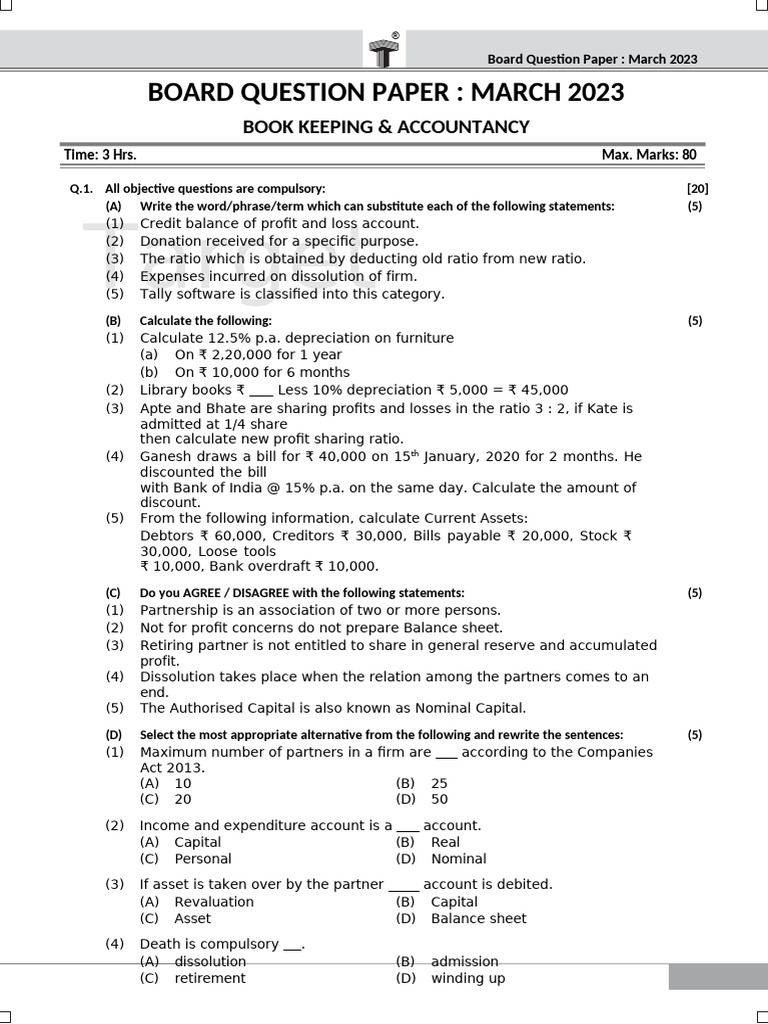 March 2023 Bookkeeping Exam Paper | PDF | Balance Sheet | Debits And ...