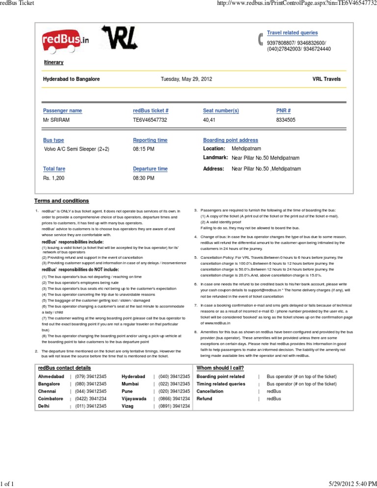 RedBus Ticket | Download Free PDF | Ticket (Admission) | Bus