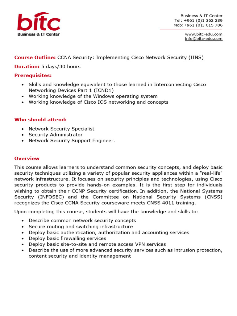 CCNA Security Course Overview | PDF | Cisco Certifications | Computer ...