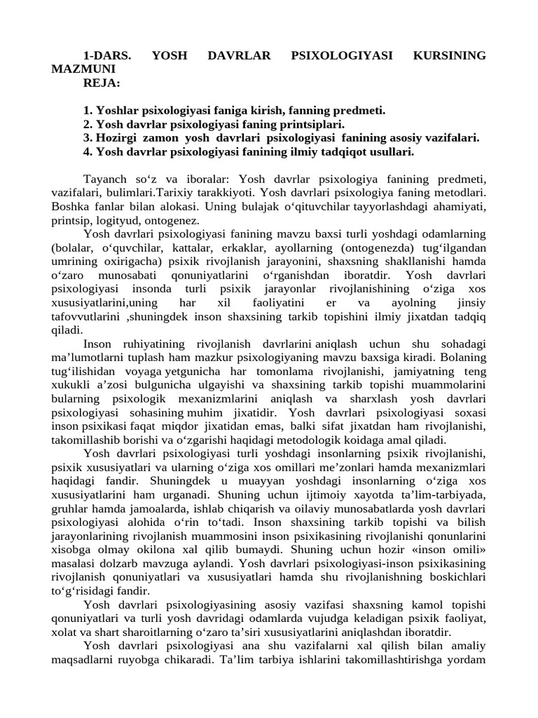 1-Dars. Yosh Davr - Psixol. Kurs - Mazm + | PDF