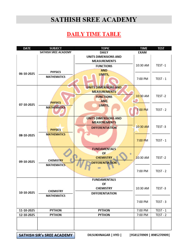 Sathish Sree Academy: Daily Time Table | PDF | Trigonometry ...
