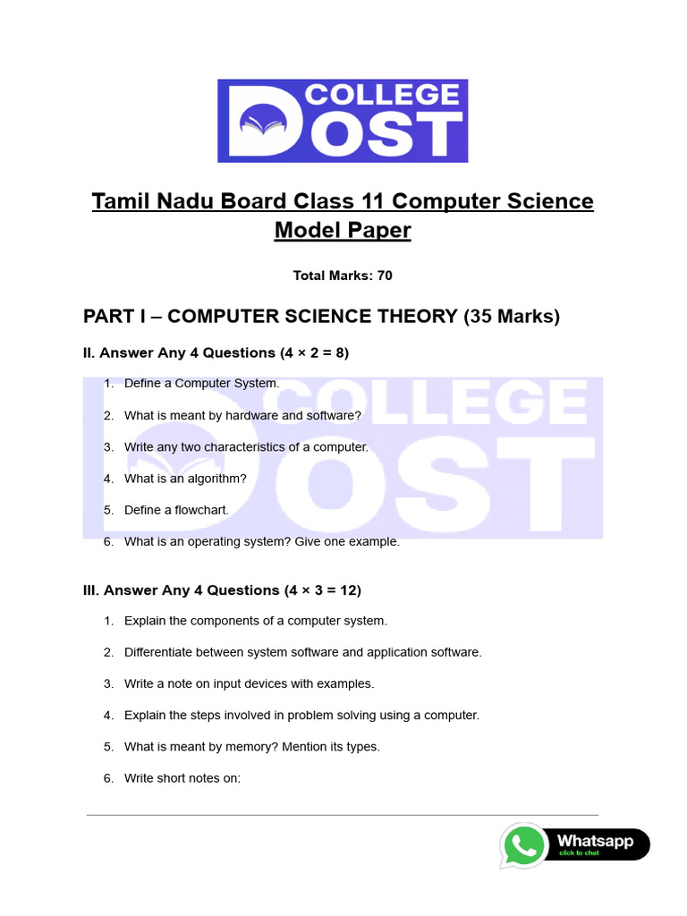 Tamil Nadu Class 11 Computer Science Model Paper | PDF