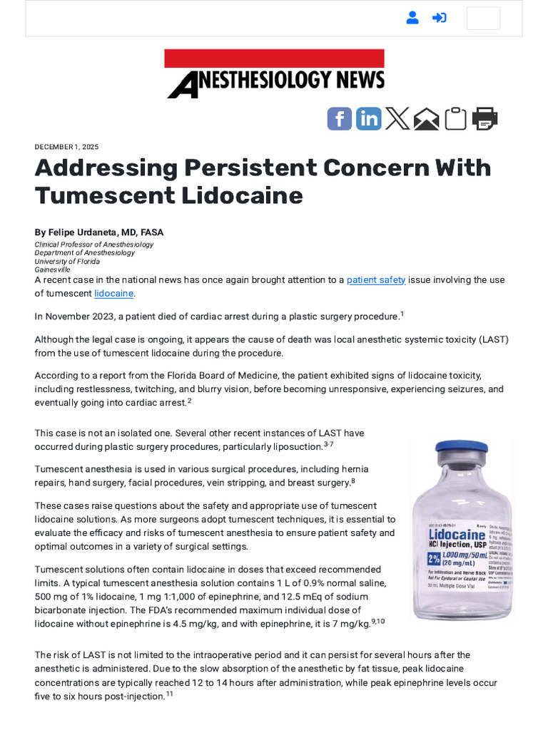 Tumescent Lidocaine Safety Concerns | PDF | Anesthesia | Clinical Medicine