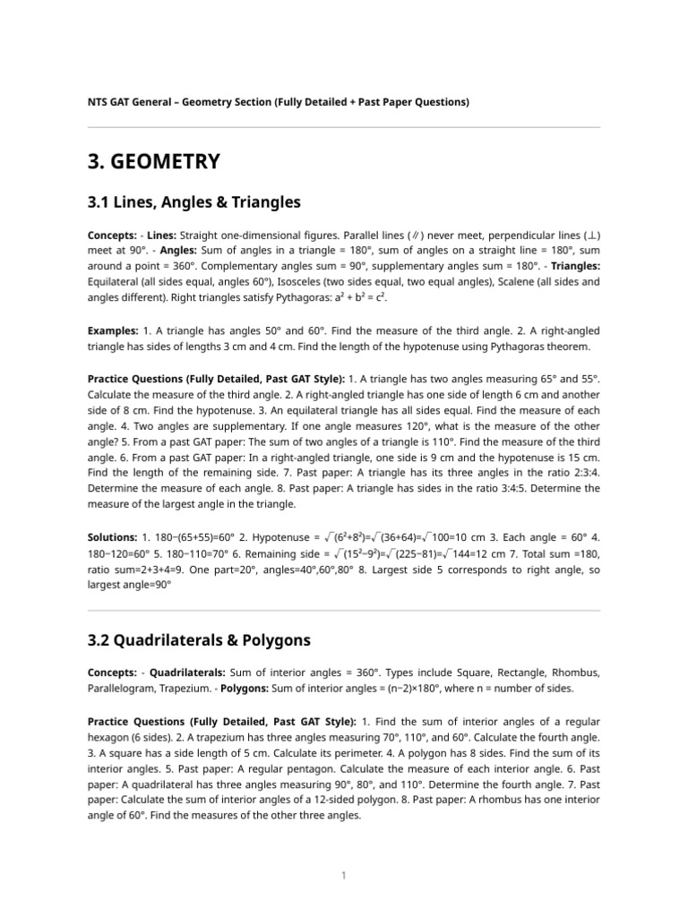 NTS GAT Geometry Guide with Past Questions | PDF | Area | Triangle
