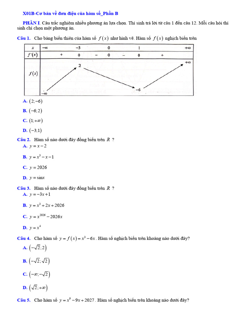 X01B-Cơ Bản Về Đơn Điệu Của Hàm Số - Phần B | PDF