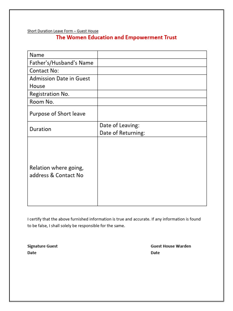 Short Leave Form_Guest House | PDF