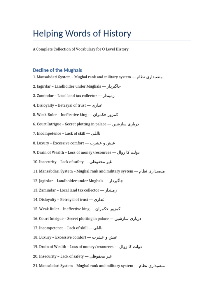 O Level History Vocabulary Guide | PDF | Sharia | British Empire