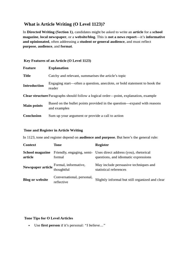 O Level 1123 Article Writing Guide | PDF