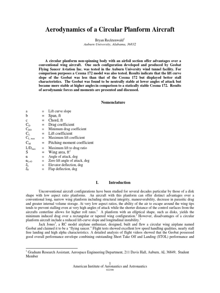 Aerodynamics of A Circular Planform Aircraft | PDF | Wing | Lift (Force)