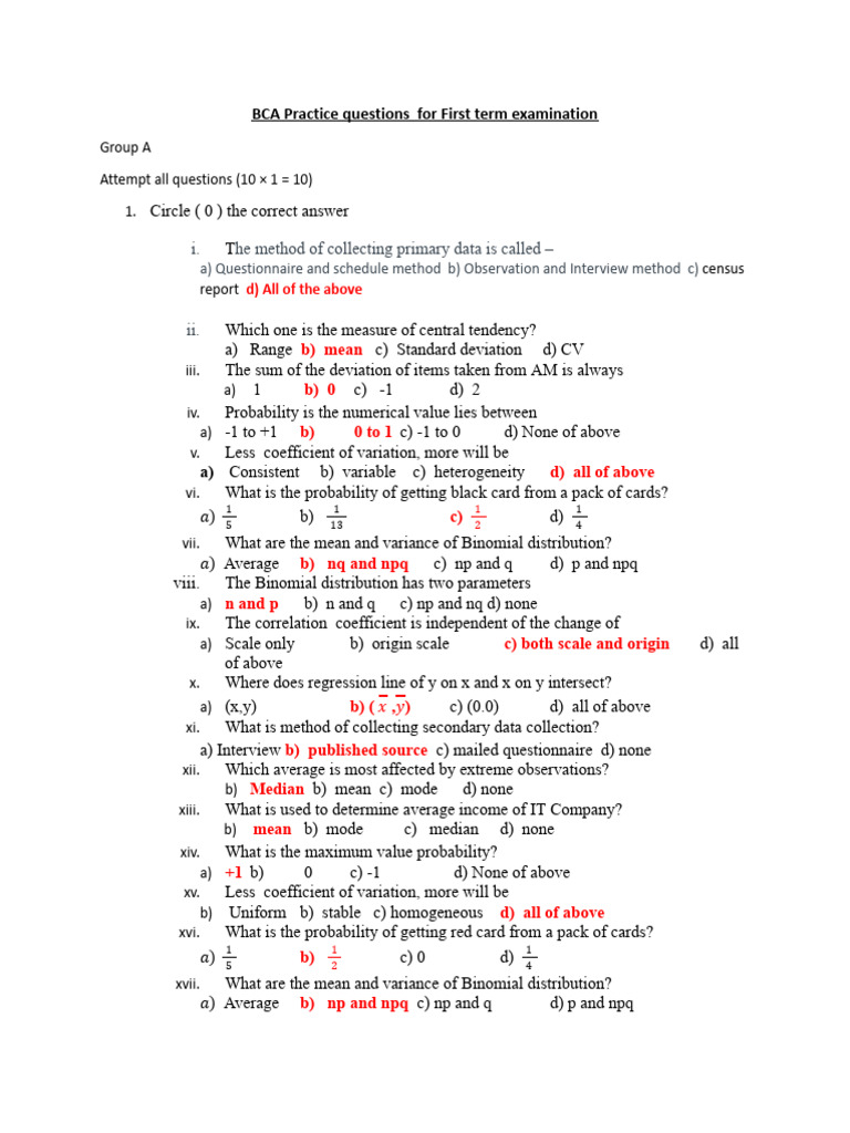 BCA First Term Exam Practice Questions | PDF | Standard Deviation ...