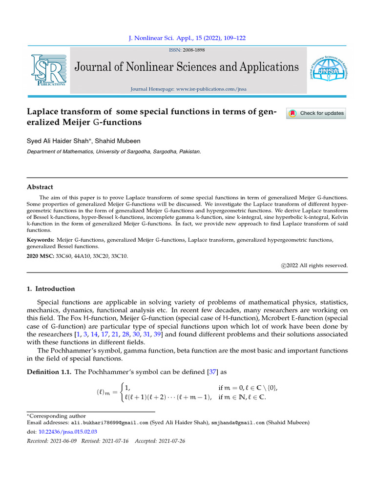 Laplace Transforms via Meijer G-Functions | PDF | Laplace Transform ...