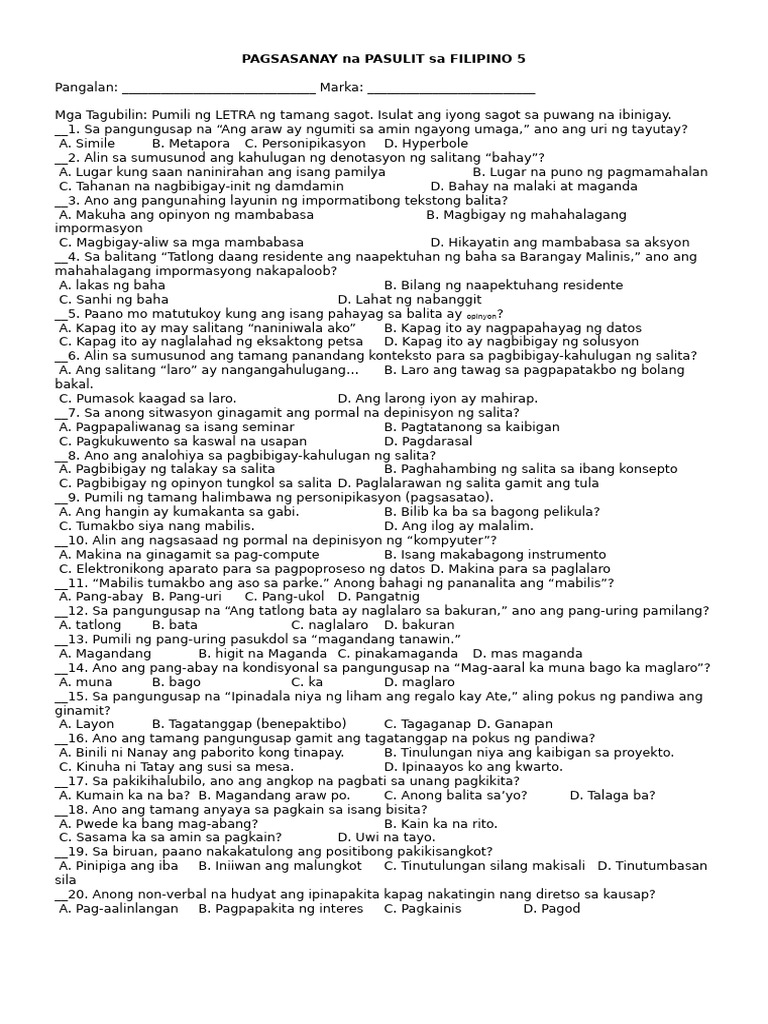 Pagsasanay Na Pasulit Sa Filipino 5 | PDF