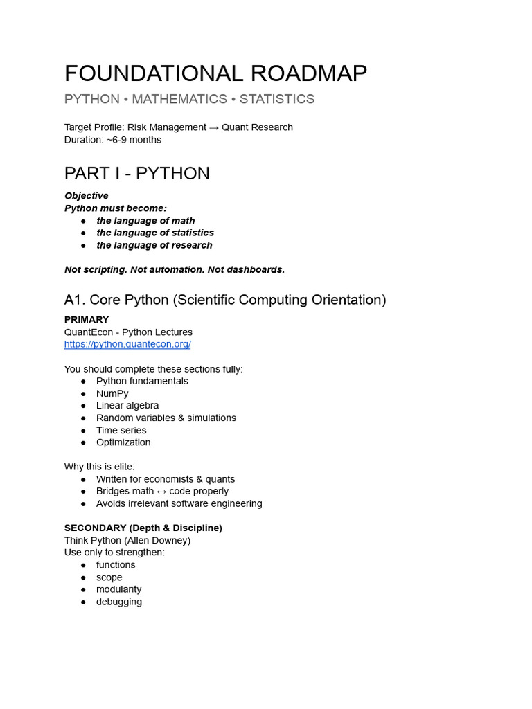 Quant Research Roadmap: Python & Stats | PDF | Linear Algebra | Statistics