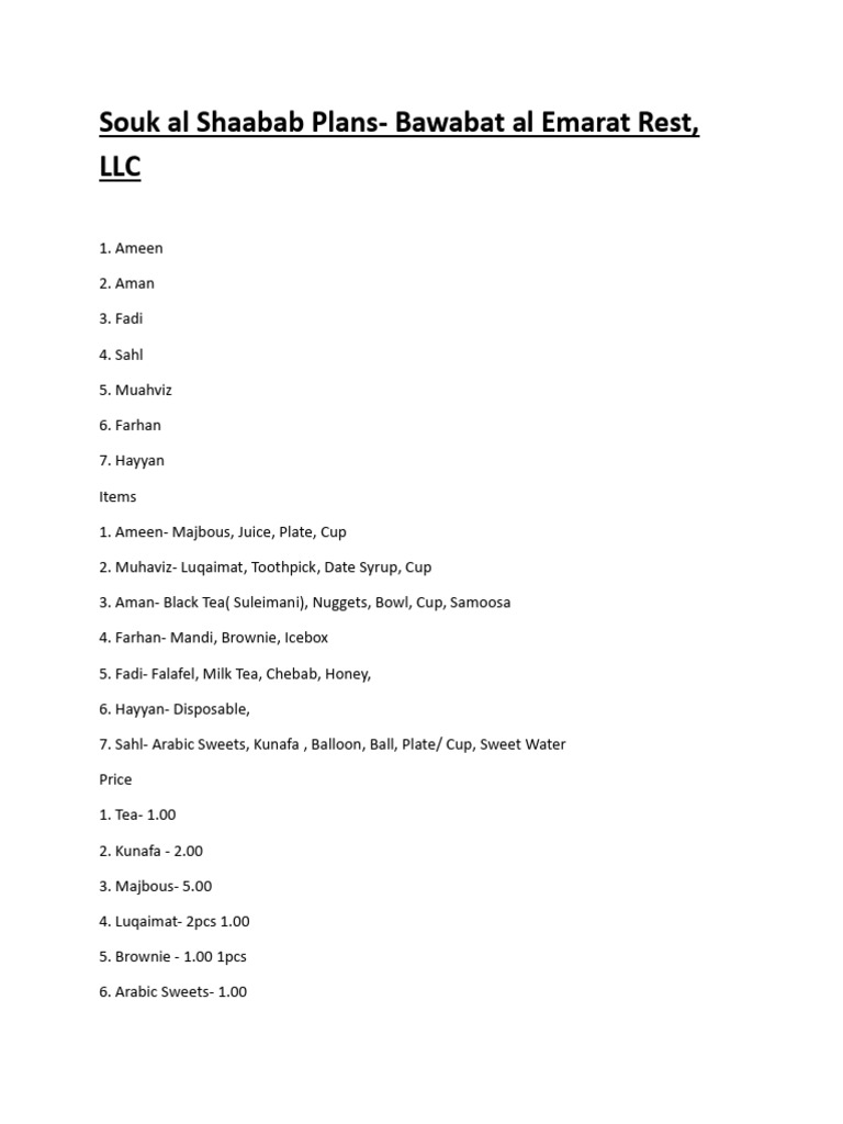Souk al Shaabab Menu and Activities | PDF