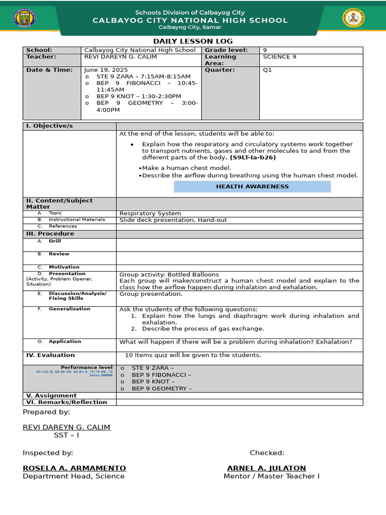 Science 9 Daily Lesson Log: Respiratory System | PDF | Exhalation ...