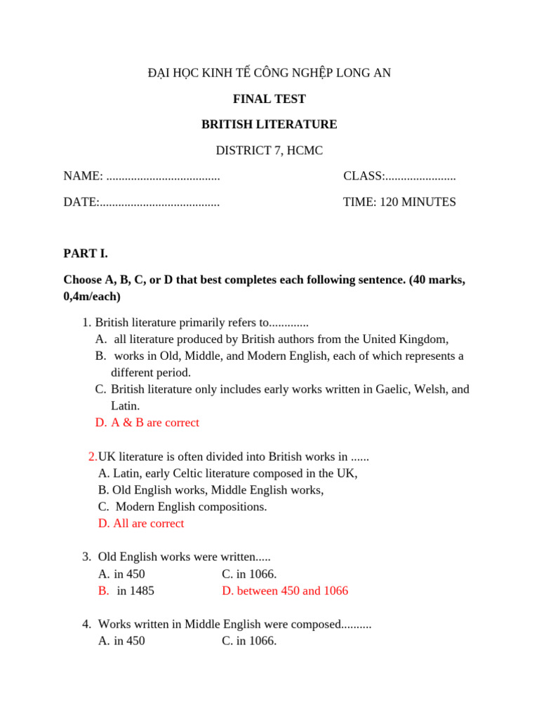 British Literature Final Test Guide | PDF