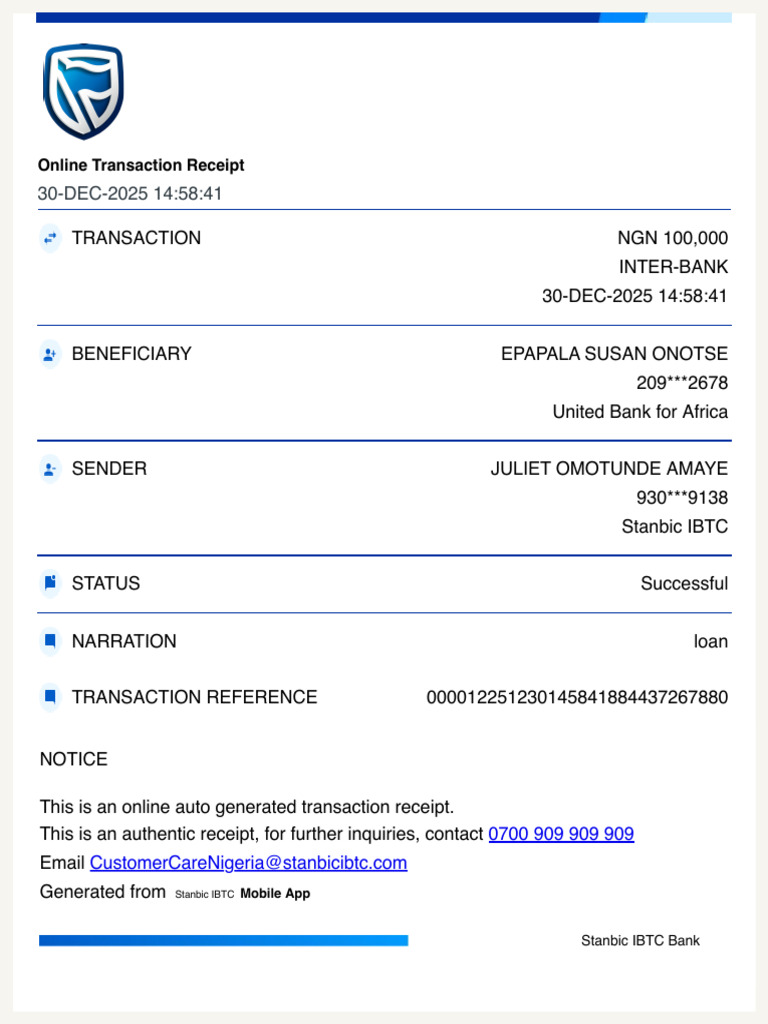 Receipt For Transfer To Epapala Susan Onotse 30 Dec 2025 145841 | PDF