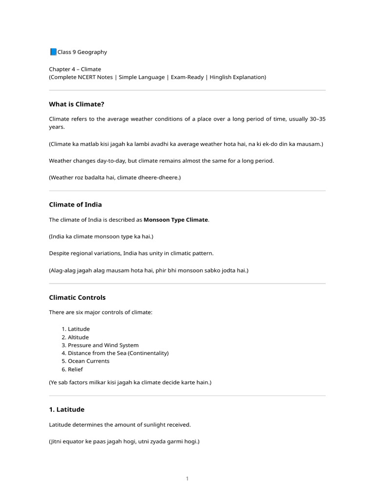 Class 9 Geography: Climate Notes | PDF | Monsoon | Weather
