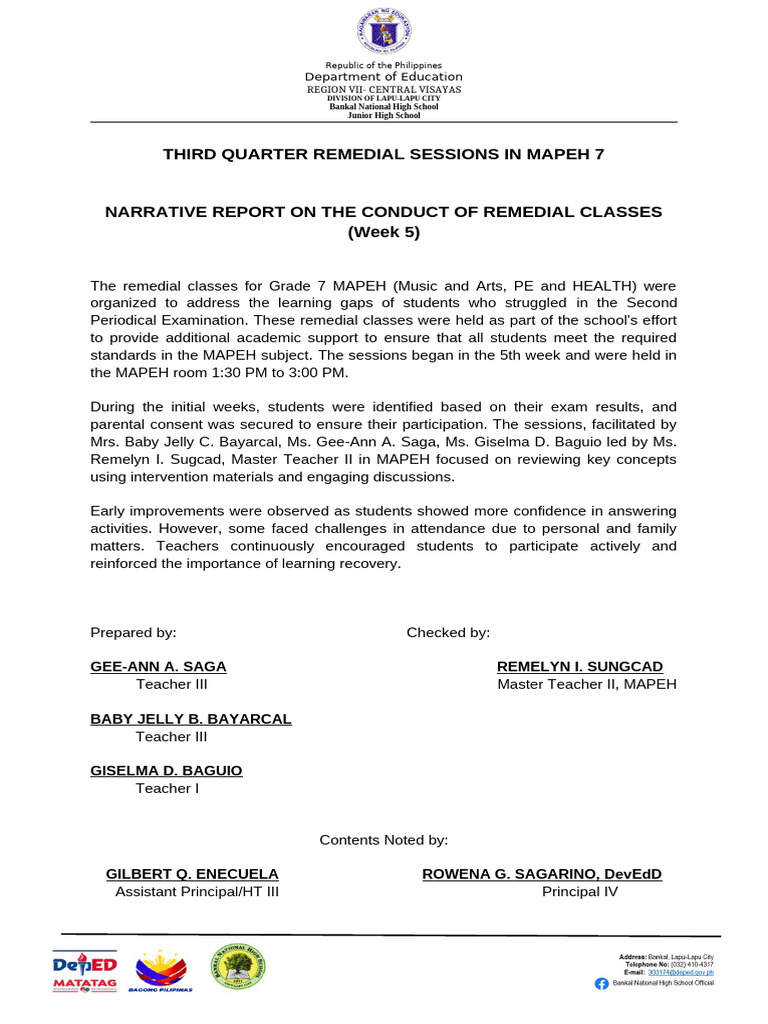 Remedial Narrative Report q3 Mapeh7 | PDF | Learning | Teachers