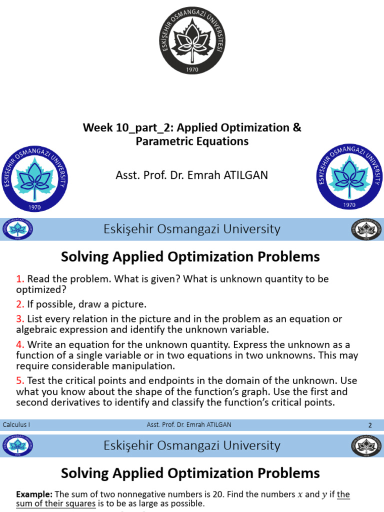 Week 10 Part 2 Applied Optimization & Parametric Equations | PDF ...