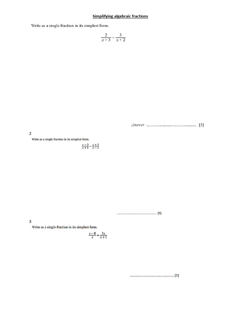 Simplifying Algebraic Fractions - HW | PDF
