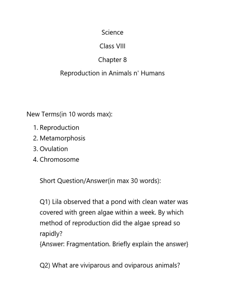 Science Reproduction in Animals N' Human Class 8 | PDF