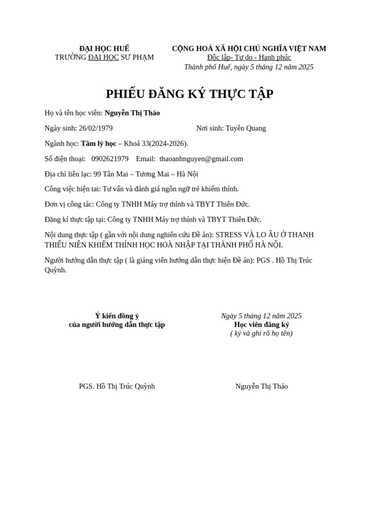 Phieu Dang Ky Thuc Tap C Thao | PDF