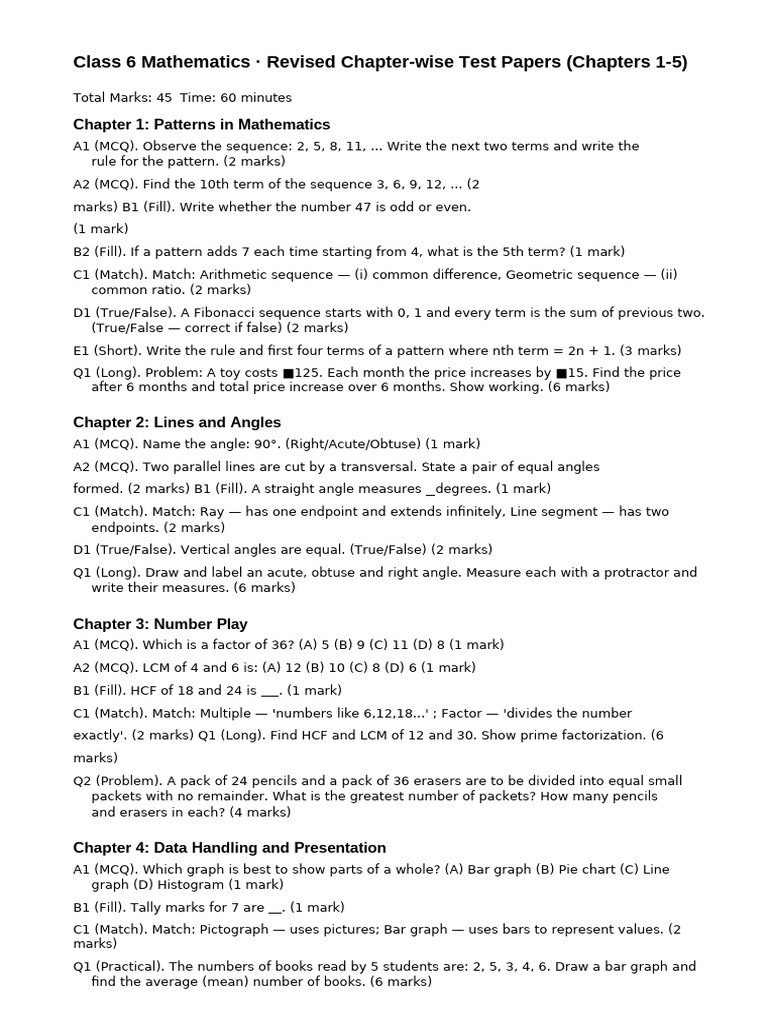 Class 6 Math Test Papers: Chapters 1-5 | PDF | Length | Area