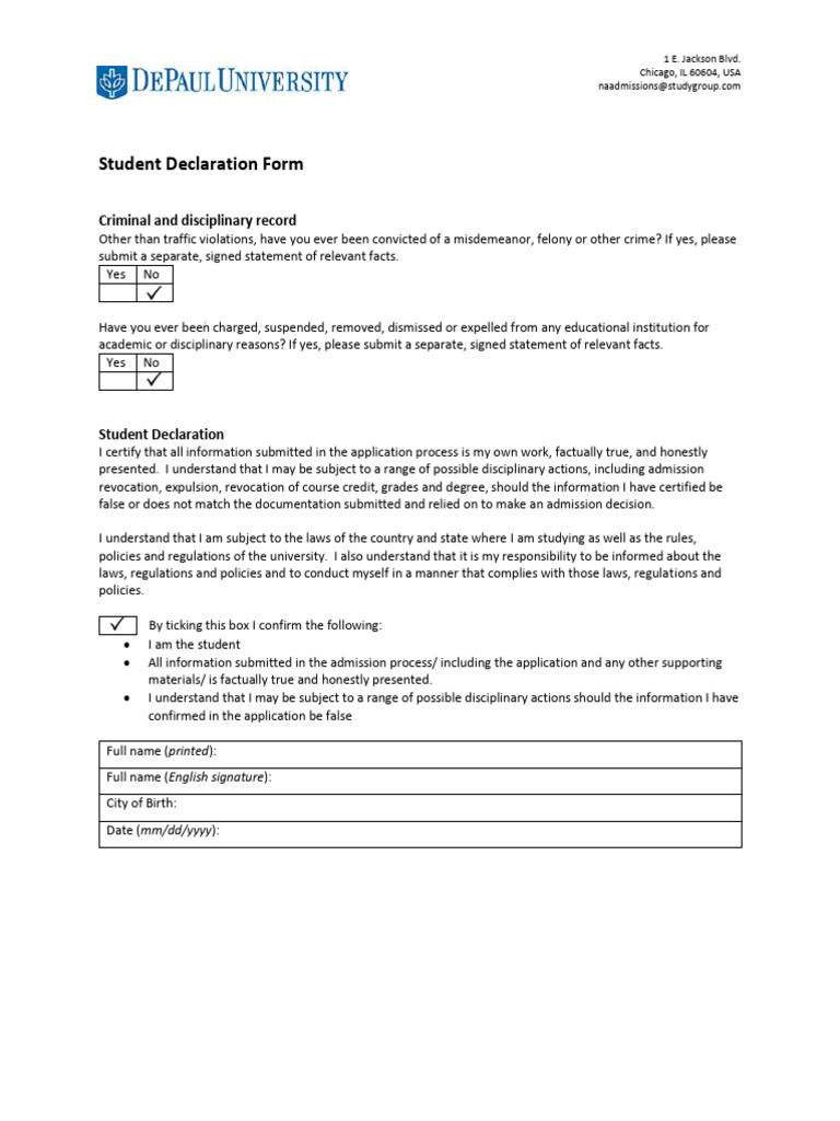 DePaul Student Declaration Form | PDF