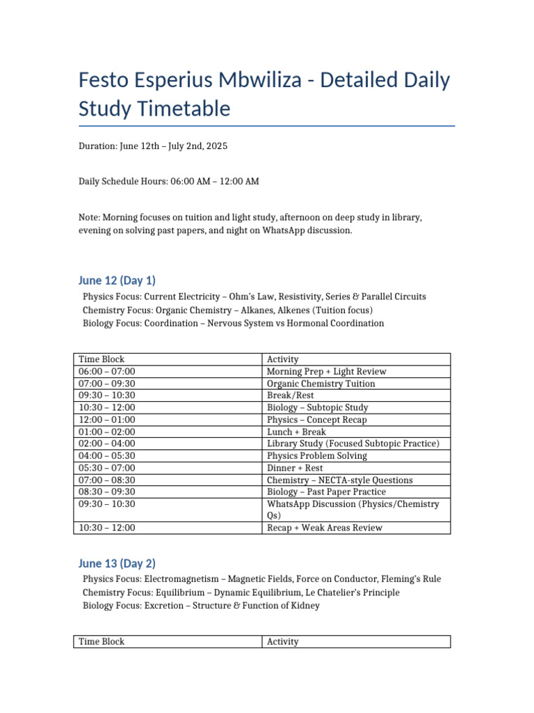 Festo Detailed Study Schedule June2025 | PDF | Cellular Respiration ...