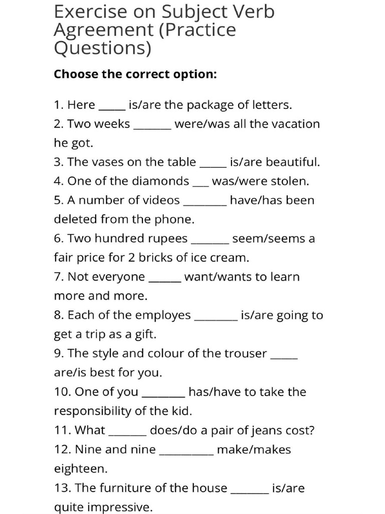 Subject Verb Agreement Worksheet | PDF