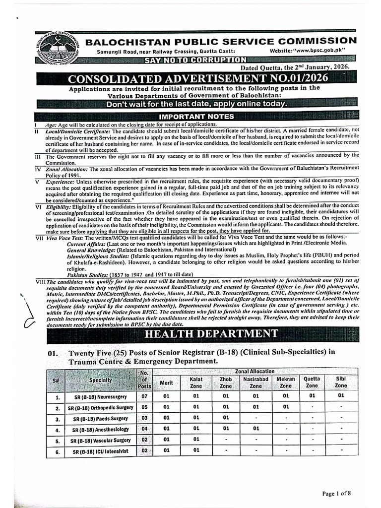 BPSC Advertisement No. 01-2026 | PDF