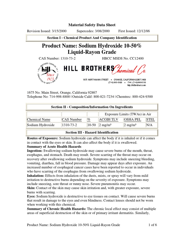 Product Name: Sodium Hydroxide 10-50% Liquid-Rayon Grade: Material ...