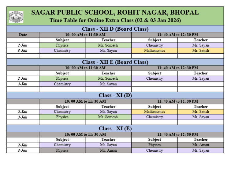 Online Extra Class Timetable Jan 2026 | PDF