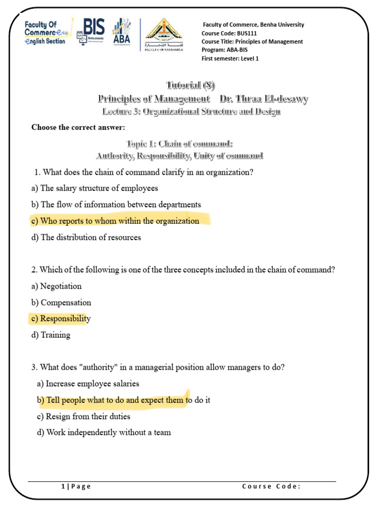 Principles of Management Quiz for BUS111 | PDF | Organizational ...