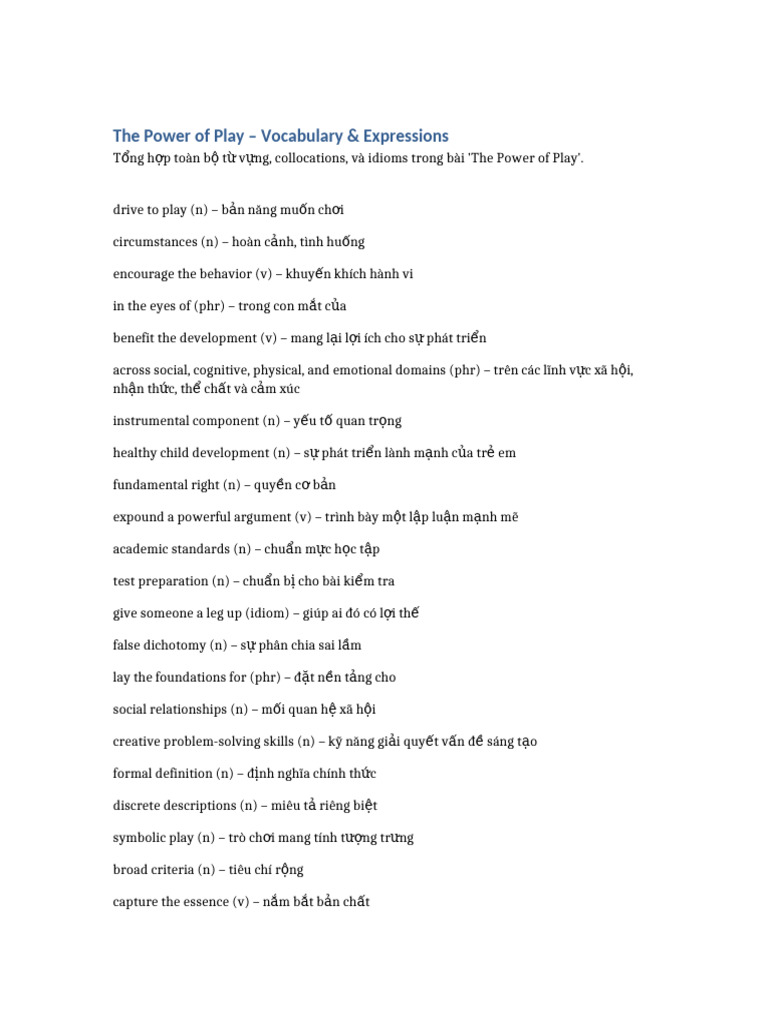 The Power of Play Vocabulary | PDF