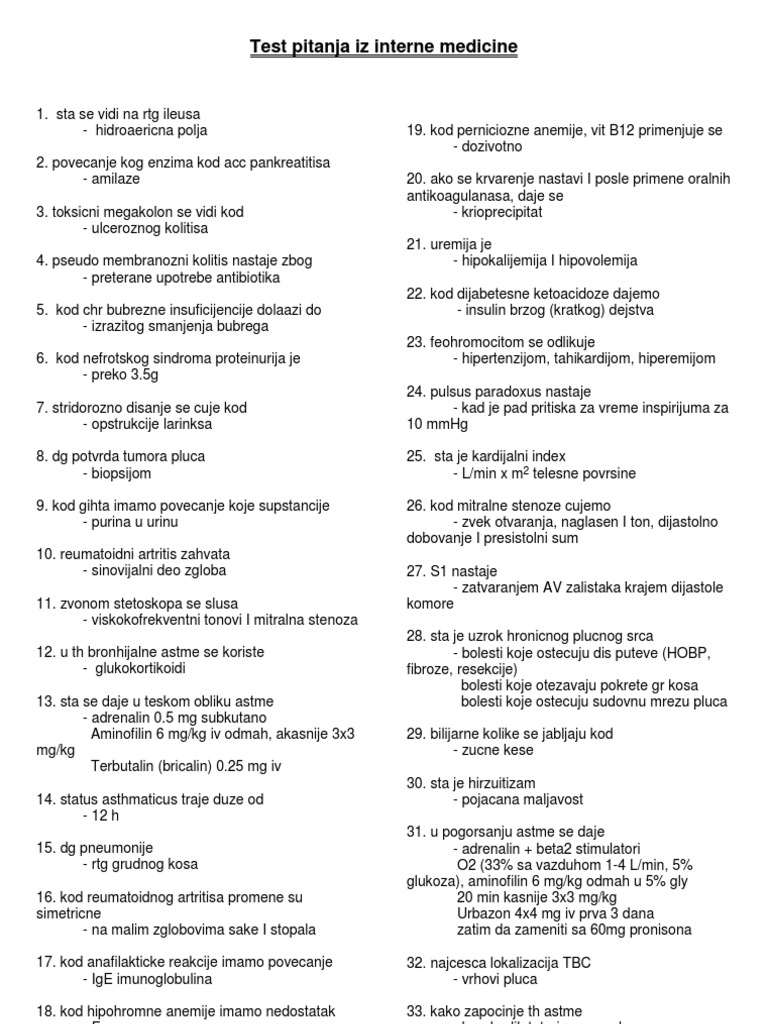Test Pitanja Iz Interne Medicine | PDF