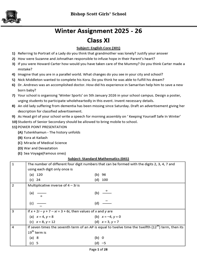 Winter Assignment 2025-26: Class XI Tasks | PDF
