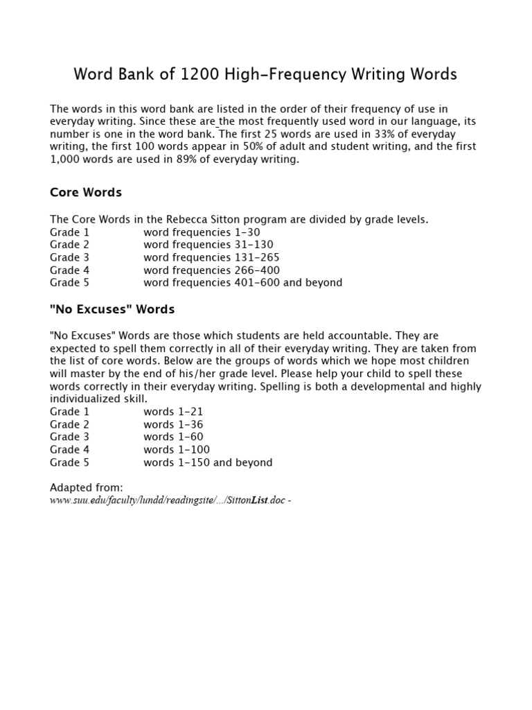 1200 High-Frequency Writing Words | PDF