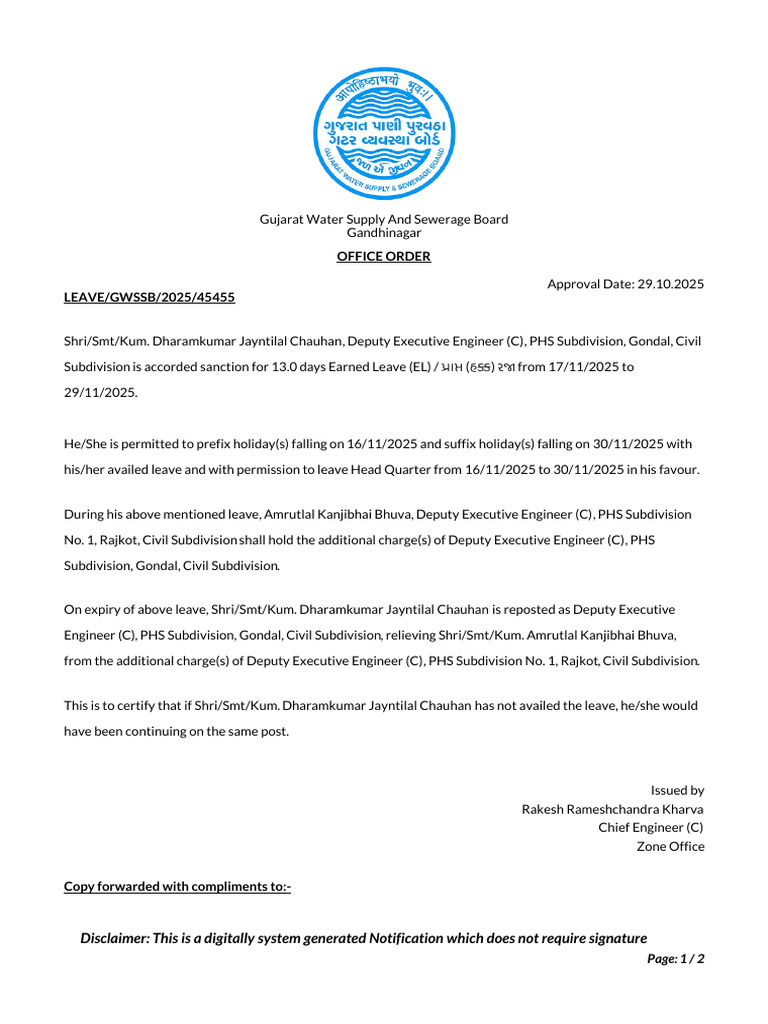 Leave Order - Leave GWSSB 2025 45455 | PDF