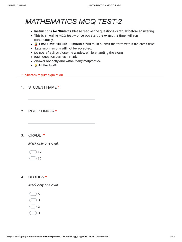 Mathematics MCQ Test - Online Exam | PDF | Multiple Choice | Chess Theory
