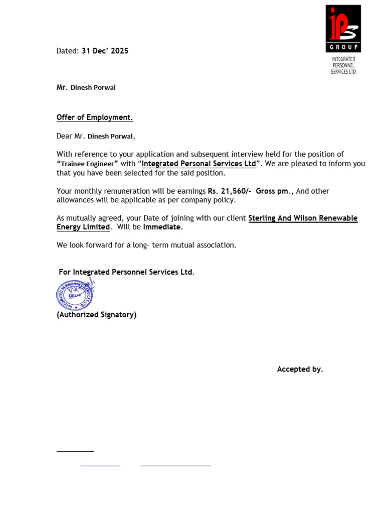 Dinesh Porwal Offer Letter | PDF